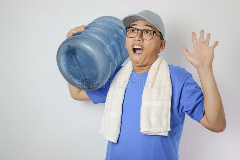Young Man Shock Delivery Man Holding Water Gallon Stock Image - Image ...