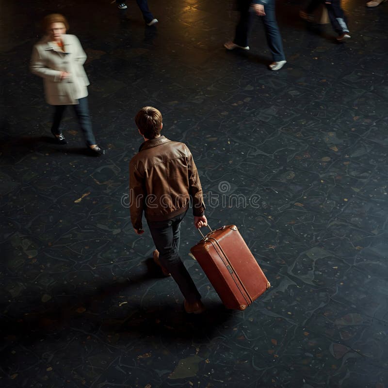 A Young Man with Short Brown Hair Pulls a Brown Suitcase Across a Dark ...