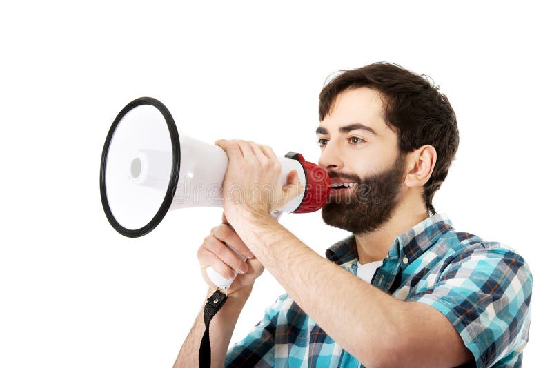 Young Man Shouting through Megaphone. Stock Photo - Image of message ...