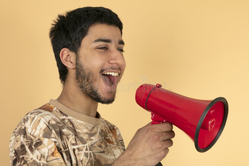 Young Man Shouting in Speaker Stock Image - Image of person, megaphone ...