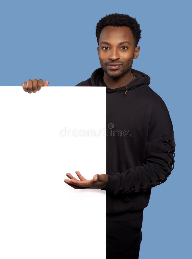 Young Man Showing Blank Cardboard Empty Corner Copy Space White Board ...