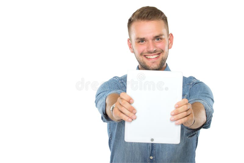 Young Man Showing Something on His Tablet, Stock Photo - Image of pose ...