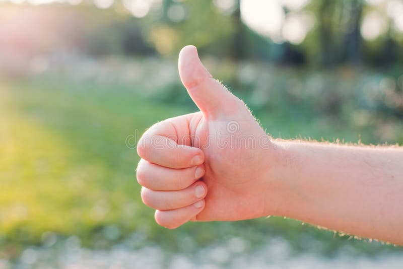Young Man Showing Thumb Up in Summer Day, Point of View Shot. Nature ...