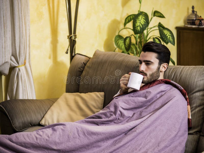 Young Man Sick with Flu Drinking Herbal Tea Stock Image - Image of home ...