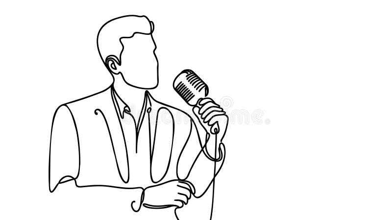 Young Man Singing in a Retro Microphone. Continuous One Line Drawing ...