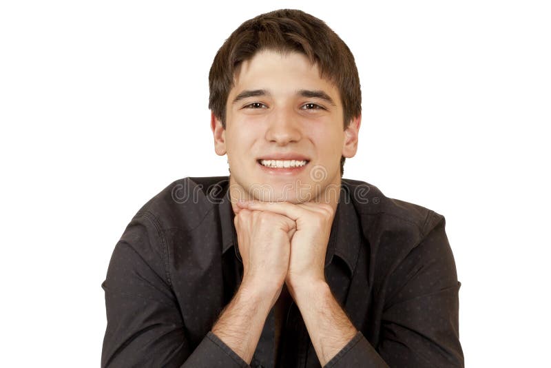 Young Man Sits Propped on Her Hands Chin Stock Image - Image of ...