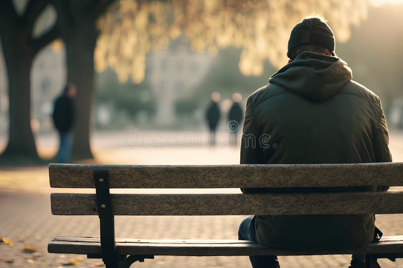 Young Man Sitting on a Bench in the Park and Looking into the Distance ...