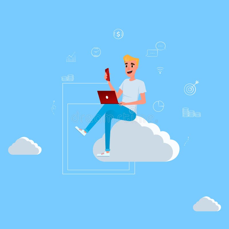 Young Man Sitting on the Cloud Working with Laptop and Smartphone. Concept of Cloud Computing ...
