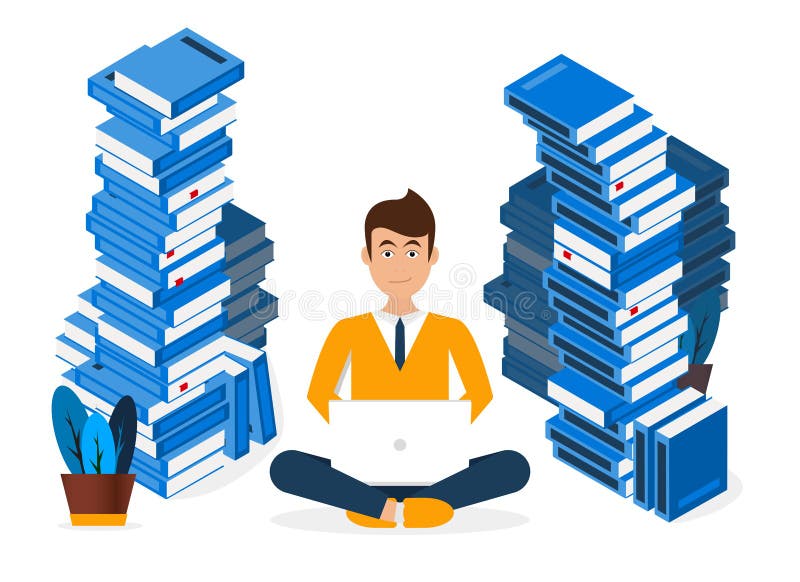 Young Man Sitting with a Computer between Books Stock Vector ...