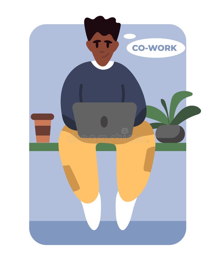 Young Man Sitting and Holding Laptop, Thinking about Coworking. Open ...