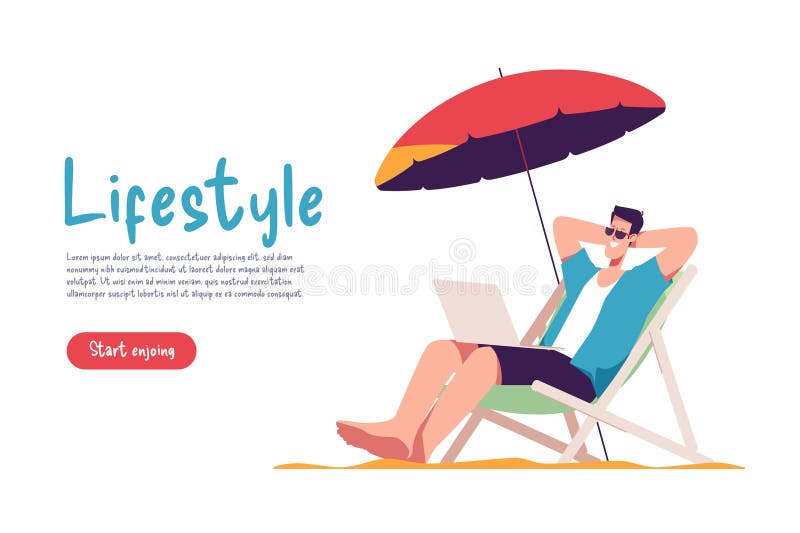 Young Man Sitting in Lounge Deck Chair at the Beach and Relaxing ...