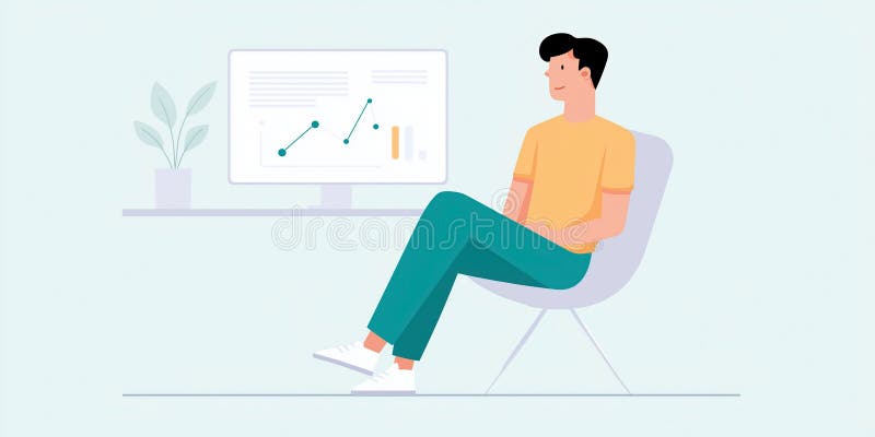 Young Man Sitting in a Modern Chair, Analyzing Data on a Computer ...