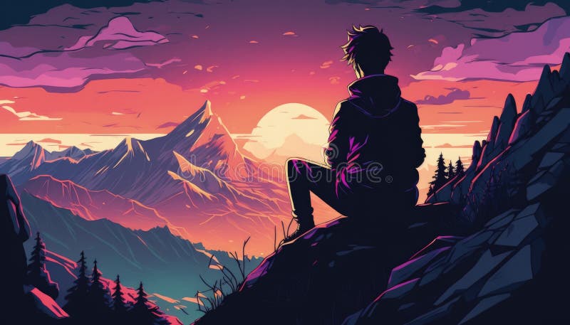 Young Man Sitting on a Mountain, Sunset, Generative Ai Stock ...