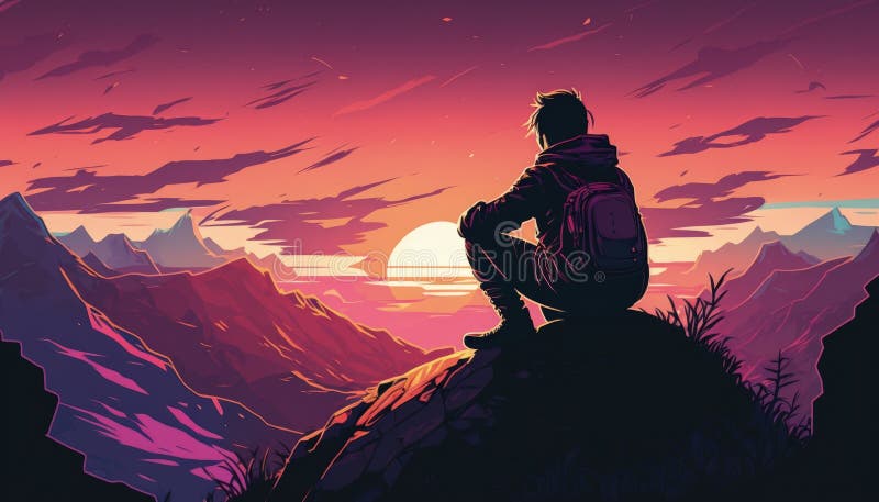 Young Man Sitting on a Mountain, Sunset, Generative Ai Stock ... Young Man Sitting on a Mountain, Sunset, Generative Ai Stock ...