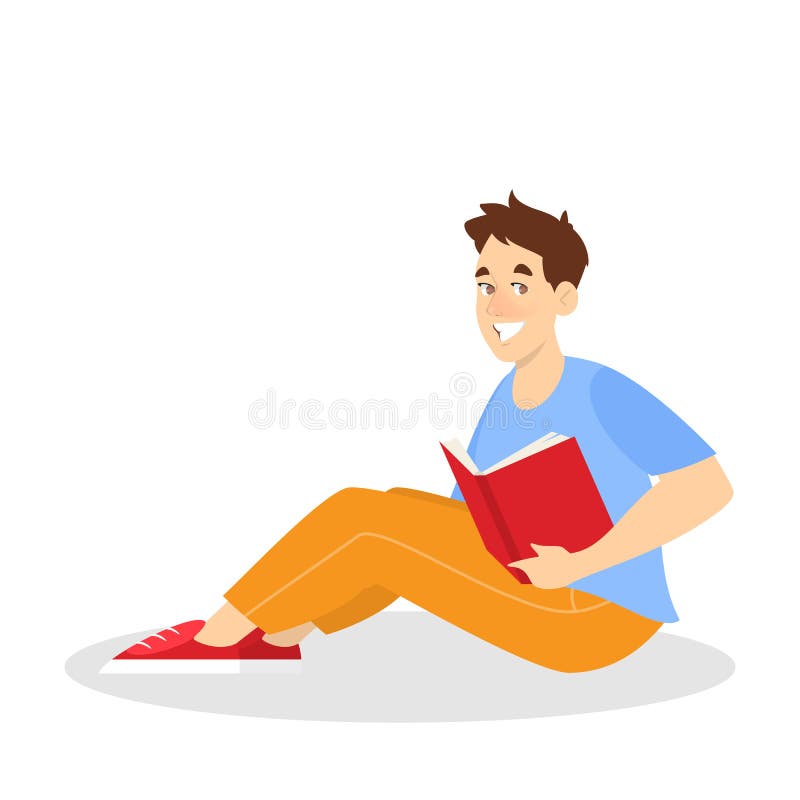 Young Man Sitting And Reading Book Concept Stock Vector Illustration