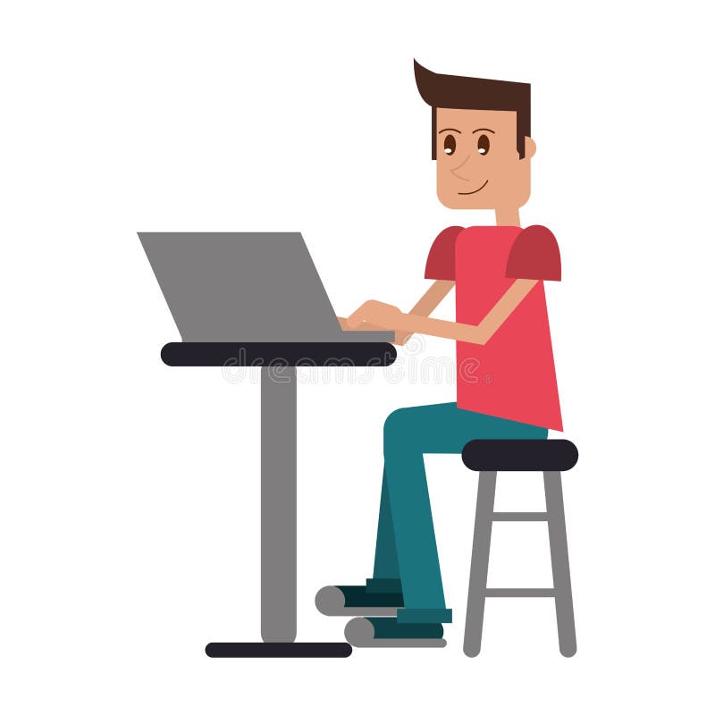 Young Man Sitting Working Computer Stock Vector - Illustration of ...