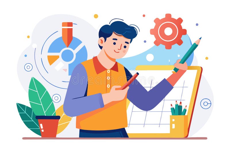 A Young Man Sketches with a Pencil while Surrounded by Planning Tools ...