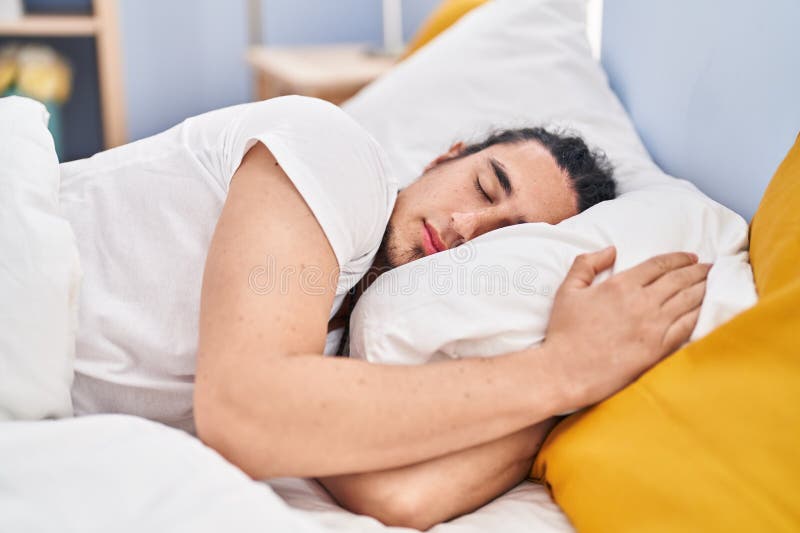 Young Man Sleeping on Bed at Bedroom Stock Image - Image of male, sleep ...