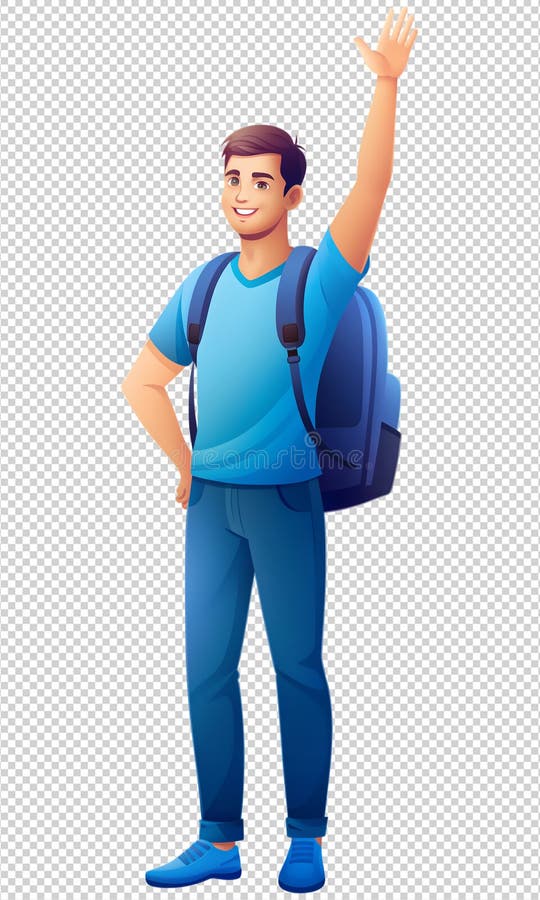 Young Man with a Small Backpack on One Shoulder, Smiling and Waving ...