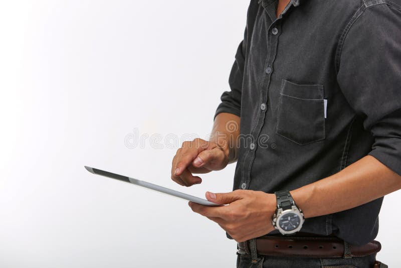 Young Man Smart Engineer Using the Tablet on Isolated White Back Stock ...