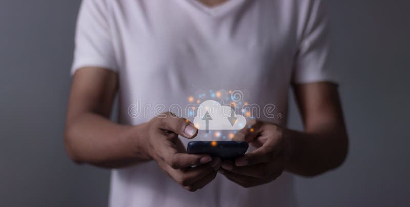 Young Man with Smartphone Mobile Hand Touching To Cloud Computing Diagram, Data Storage, Cloud ...