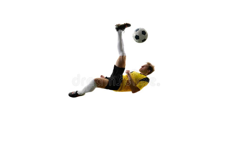Young Man, Soccer Player Executing Overhead Kick, Dynamically Kicking ...