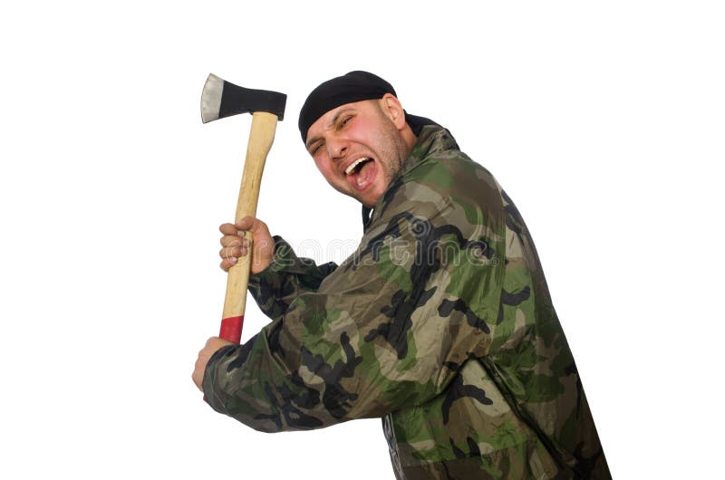 Young Man in Soldier Uniform Holding Axe Isolated Stock Image - Image ...