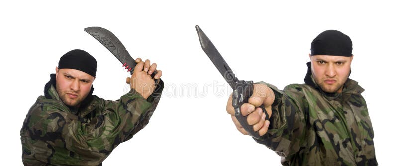The Young Man in Soldier Uniform Holding Knife Isolated on White Stock ...