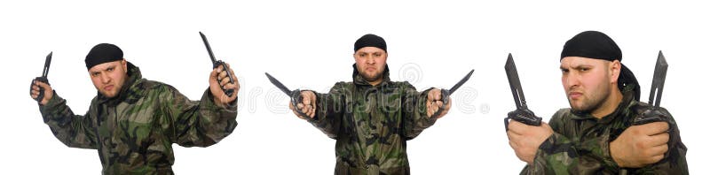 The Young Man in Soldier Uniform Holding Knife Stock Photo - Image of ...