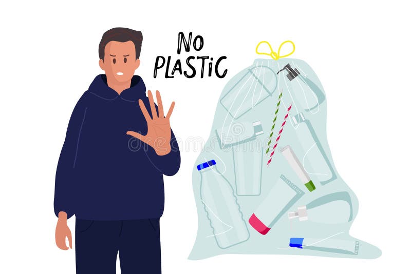 Young Man Speaking No Plastic. Plastic Bag with Plastic Garbage ...