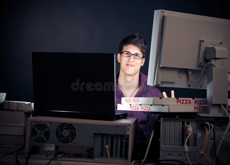Young Man Spending His Night with Computers Stock Image - Image of nerd ...