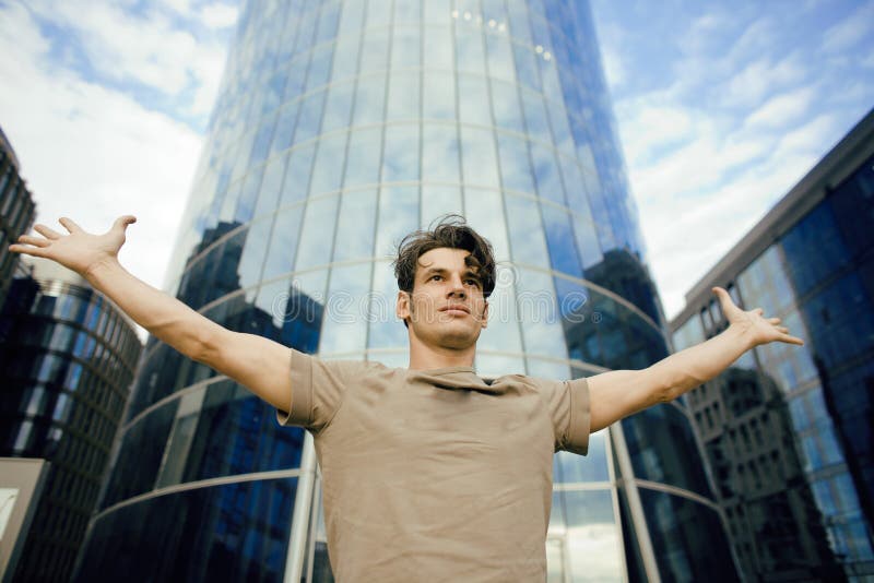 Young Man Stand in Front of Modern Business Stock Image - Image of ...