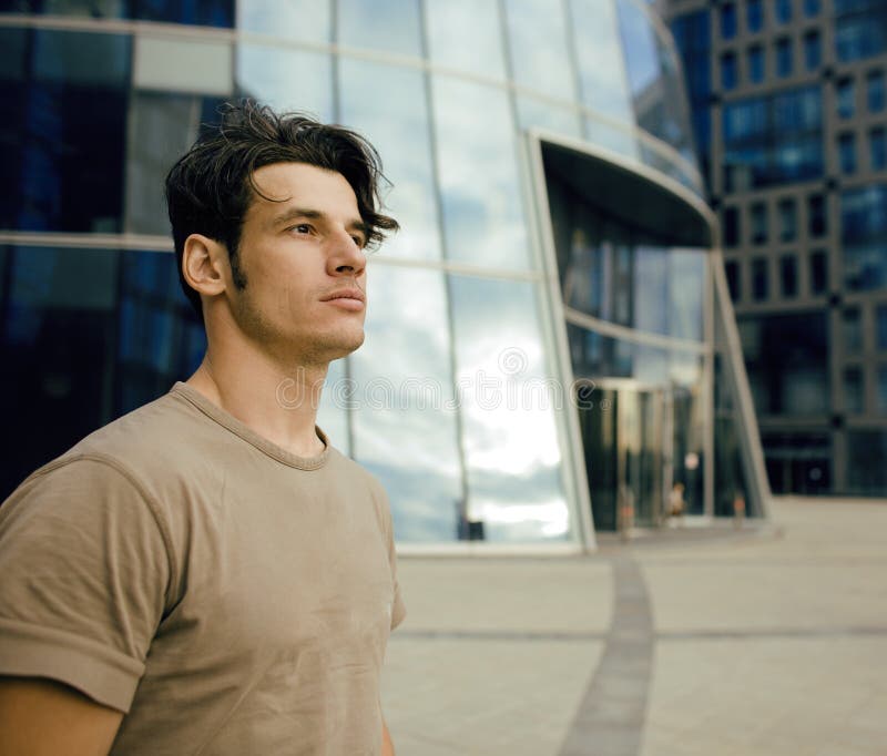 Young Man Stand in Front of Modern Business Stock Photo - Image of ...