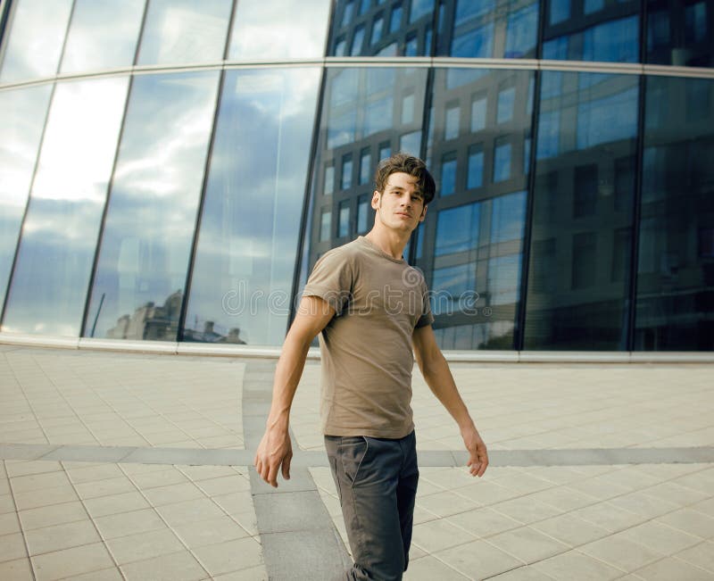 Young Man Stand in Front of Modern Business Building Stock Image ...