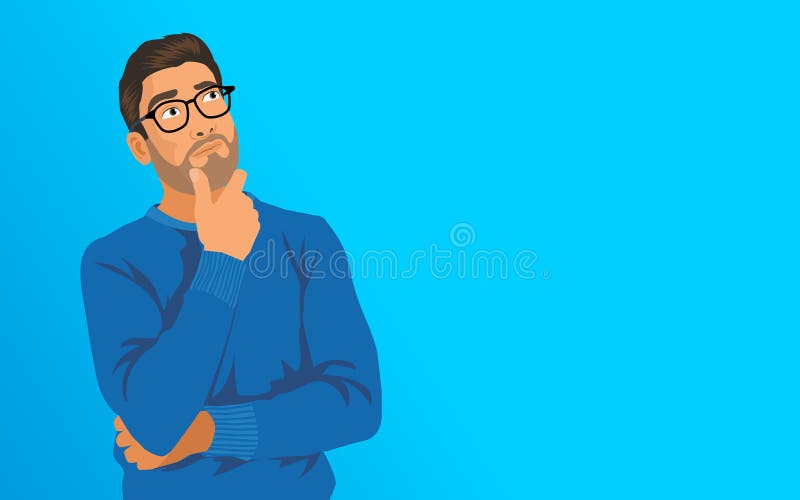 Young Man Stand and Thinking about Things on Blue Backgrounf, Vector ...