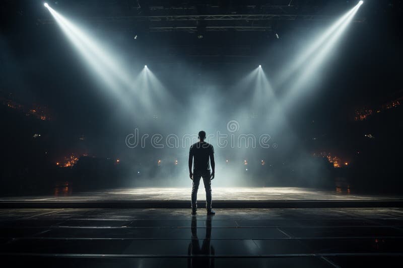 Young Man Standing in Back of Stage Lights and Looking at Spotlights ...
