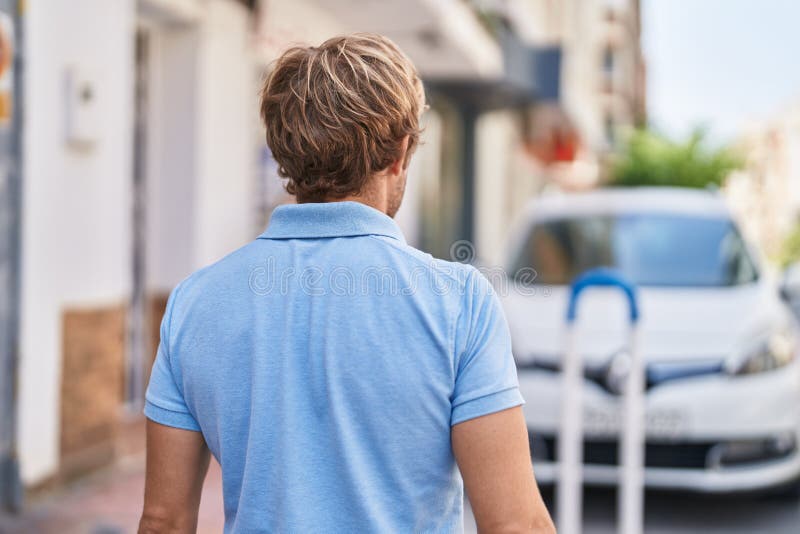 Young Man Standing on Back View at Street Stock Photo - Image of city ...