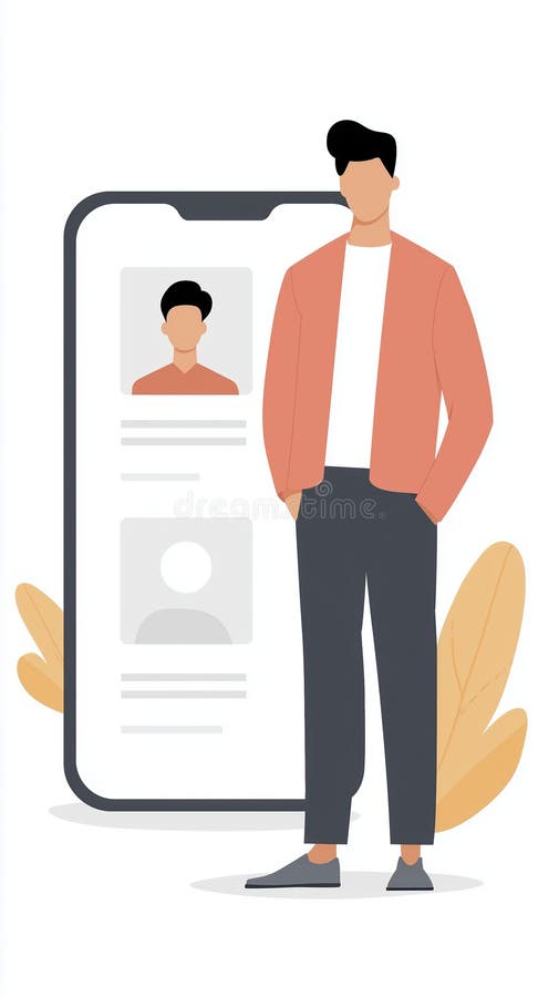 Young Man Standing Confidently beside a Large Smartphone Mock Up ...