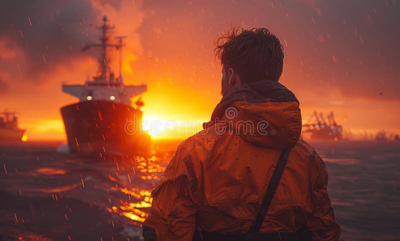 Young Man Standing on the Deck of the Ship and Looking on the Sea ...