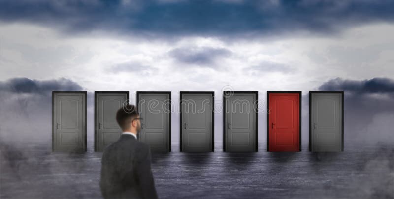 Man Standing in Front of Many Doors. Choice Concept Stock Photo - Image ...