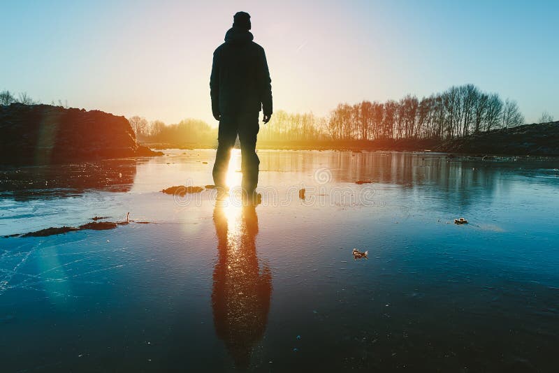 Young Man Standing on Ice in Pond with Sun and Trees Stock Image ...