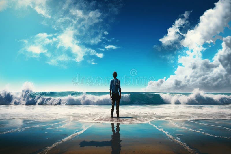 A Young Man Standing on the Ocean and Looking at the Horizon. a ...