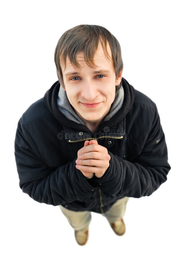 Young Man Standing with Pleading Look on White Stock Photo - Image of ...