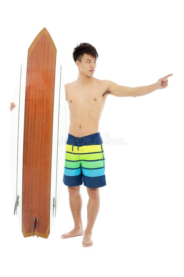 Young Man Standing and Point Forward with Surfboar Stock Image - Image ...