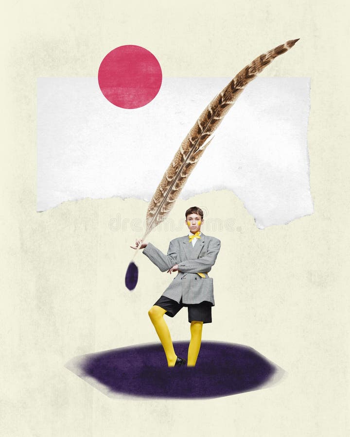 Young Man Standing with Quill Over Light Background with Abstract ...