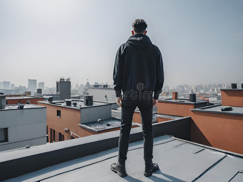 Young Man Standing on Rooftop Stock Illustration - Illustration of ...