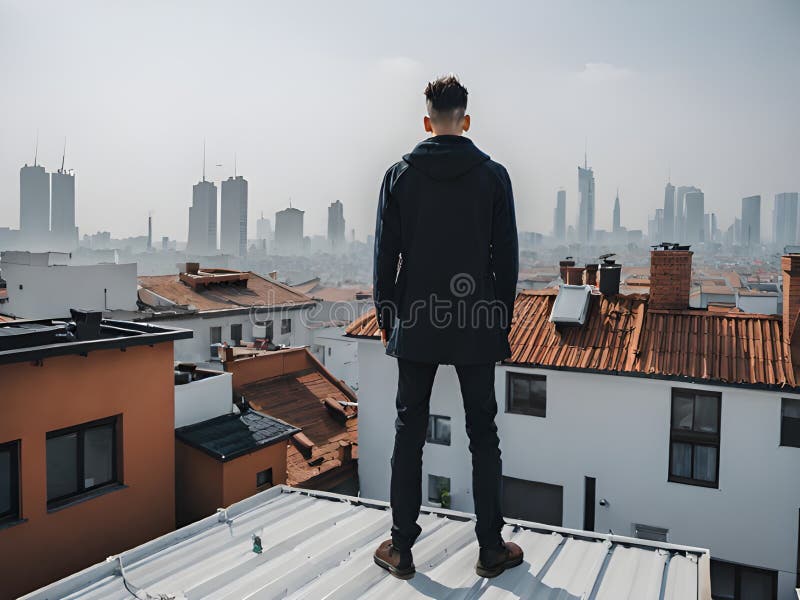 Young Man Standing on Rooftop Stock Illustration - Illustration of view ...