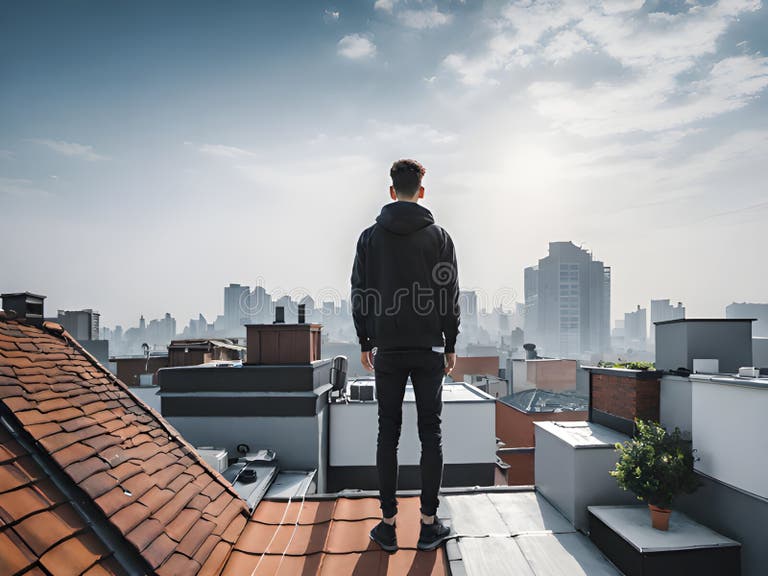 Young Man Standing on Rooftop Stock Illustration - Illustration of ...