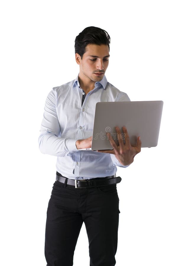 Young Man Standing and Working on Laptop Computer Stock Image - Image ...