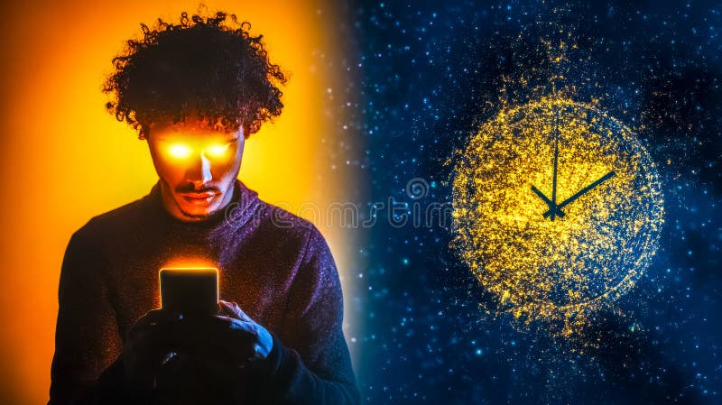 Young Man Staring at Smartphone with Glowing Eyes and Golden Clock in ...